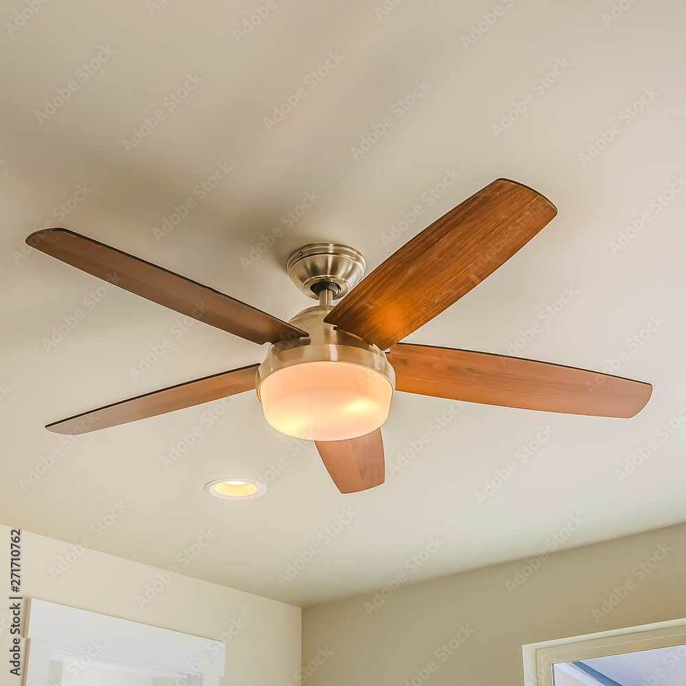 Frame Square Ceiling fan with wooden five blade design and built in ...