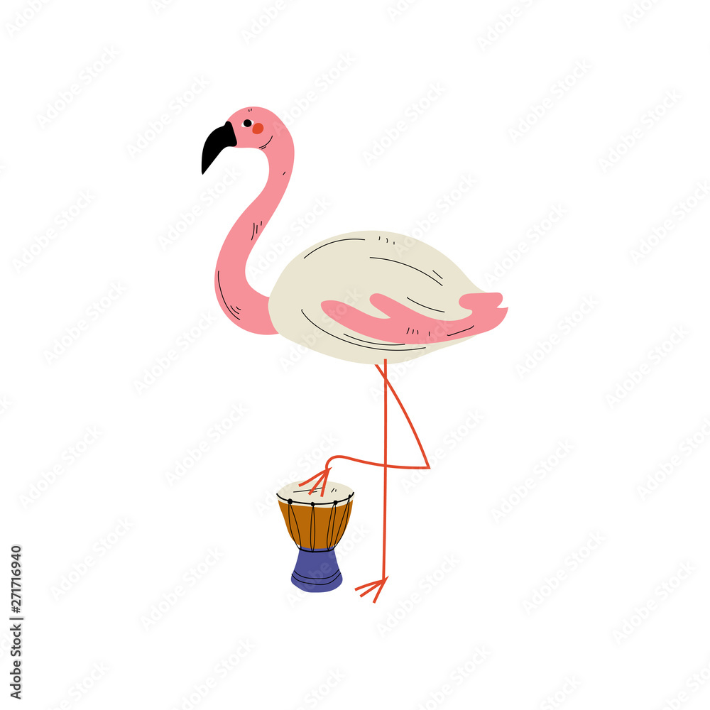 Flamingo Playing Ethnic Drum, Cute Cartoon Bird Musician Character ...