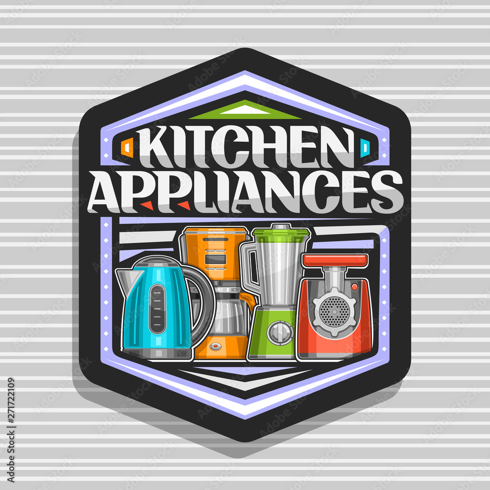 Vector logo for Kitchen Appliances, black hexagonal badge with ...