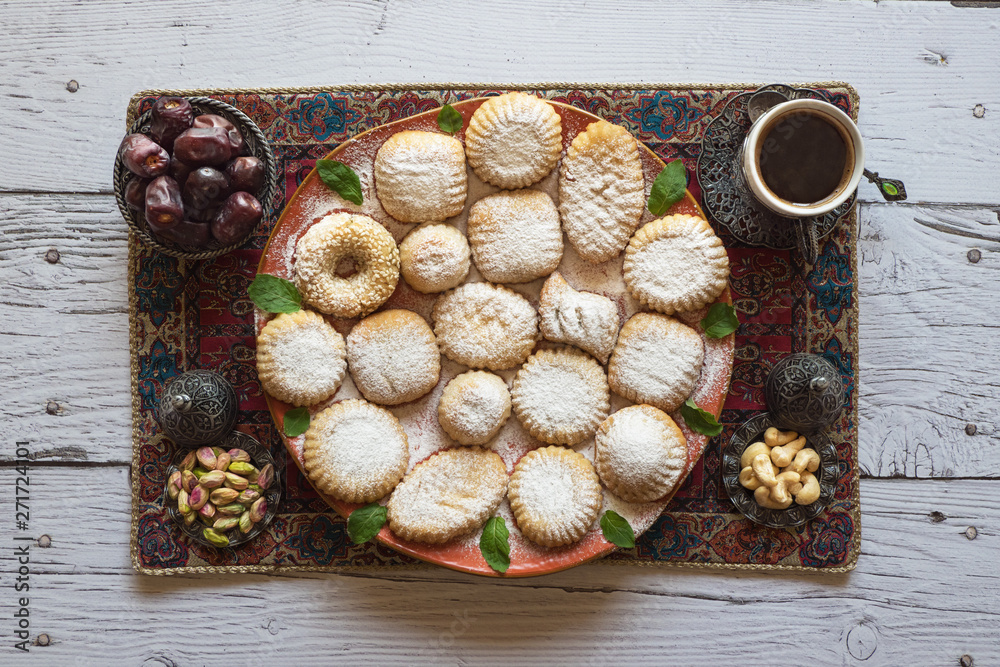Ramadan sweets background. Cookies of El Fitr Islamic Feast. Arabic ...