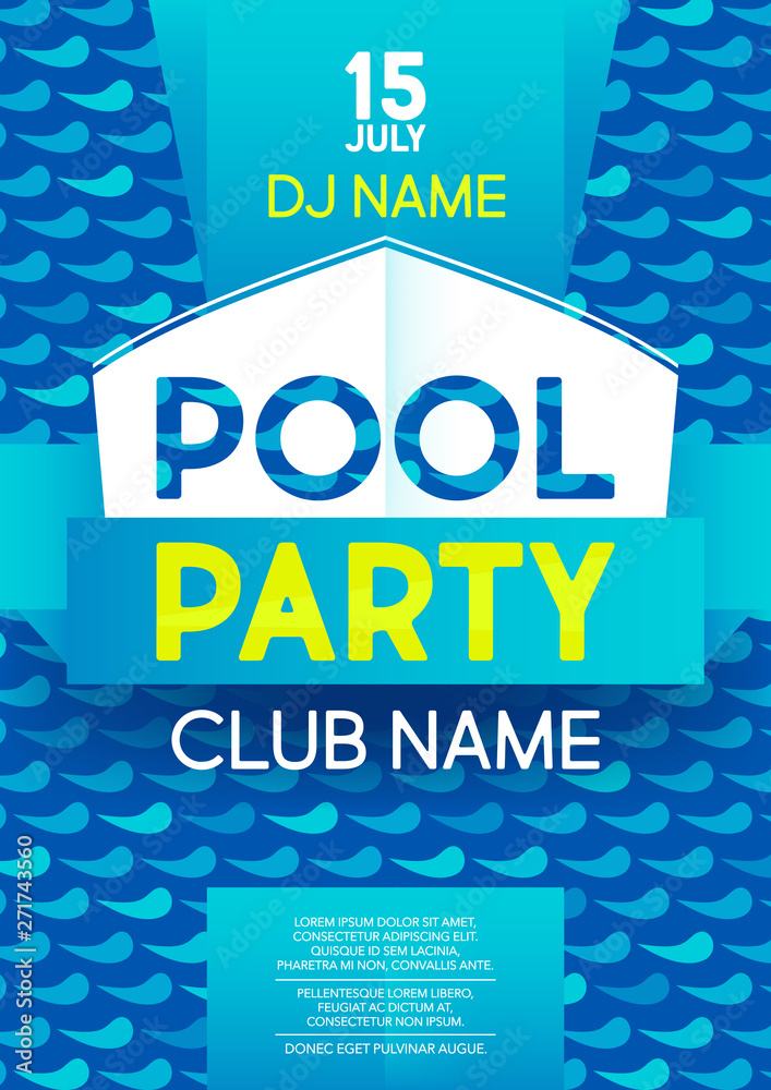Vertical blue pool party background with graphic elements and text ...