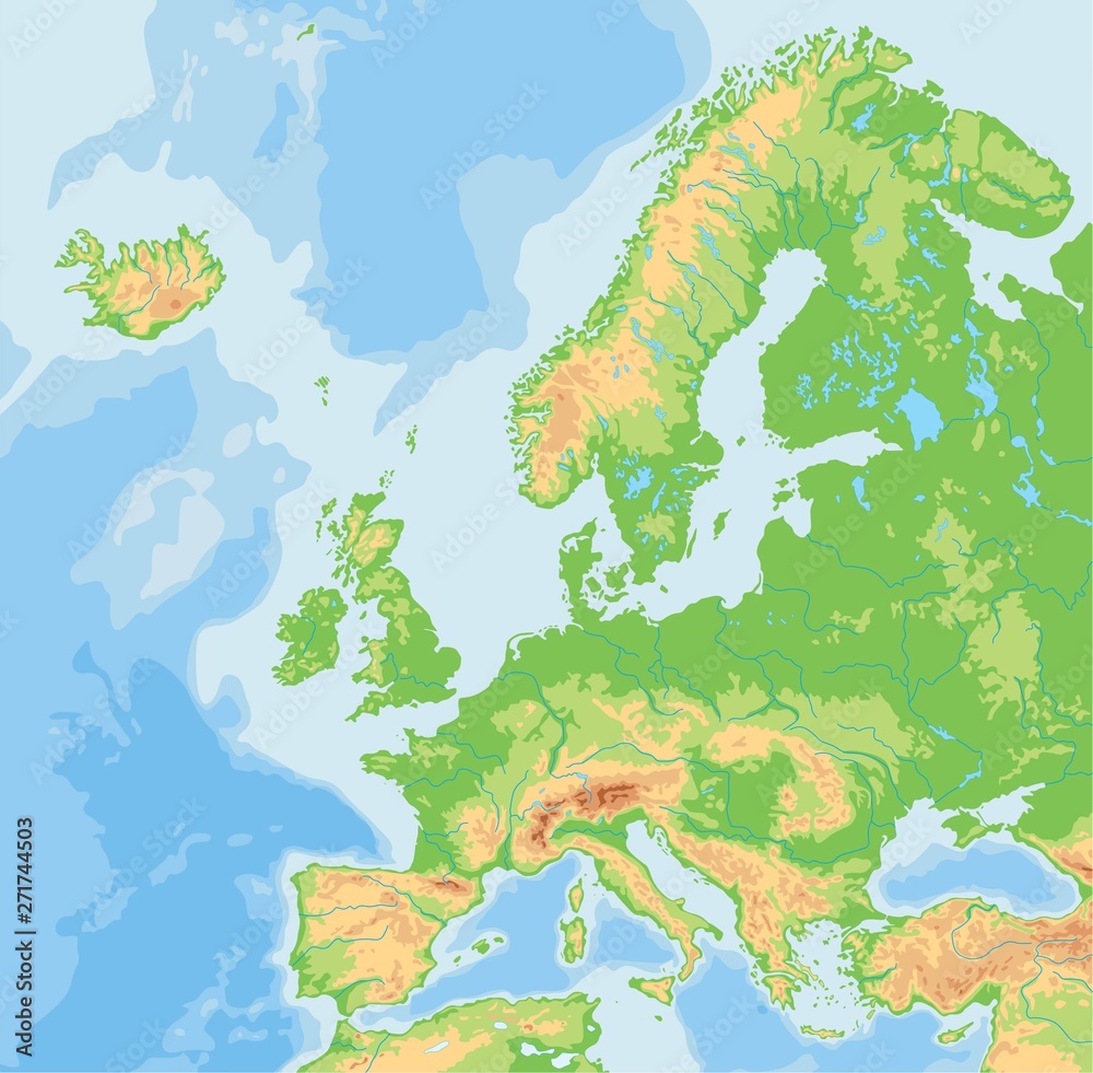 High detailed Europe physical map. Stock Vector | Adobe Stock