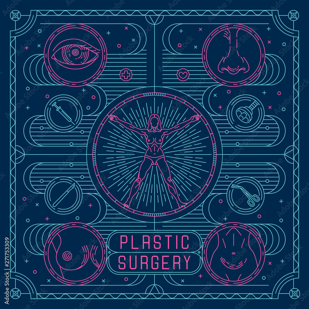 Vector blue flat, outline design poster for plastic surgery. Ads for ...