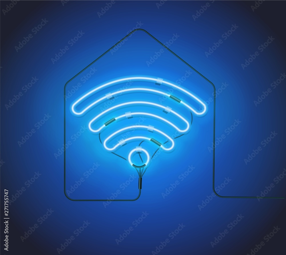 Neon sign. Retro blue neon sign Wifi Hotspot on house silhouette ...