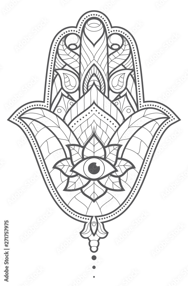 Indian hand Hamsa or hand of Fatima with third eye. Hand drawn Stock ...