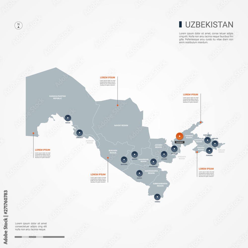 Uzbekistan map with borders, cities, capital and administrative ...