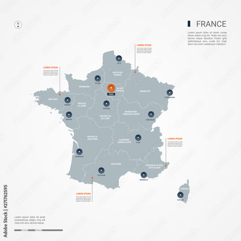 France map with borders, cities, capital and administrative divisions ...