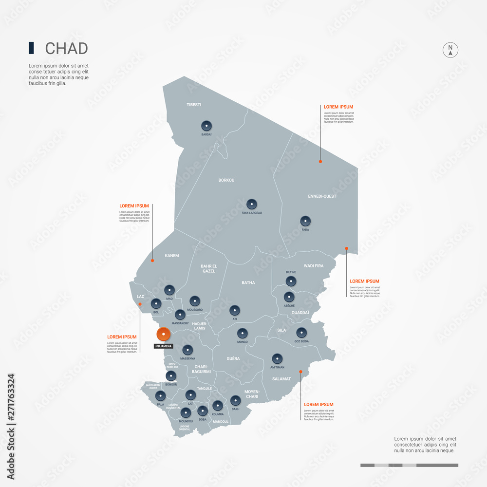 Chad map with borders, cities, capital and administrative divisions ...