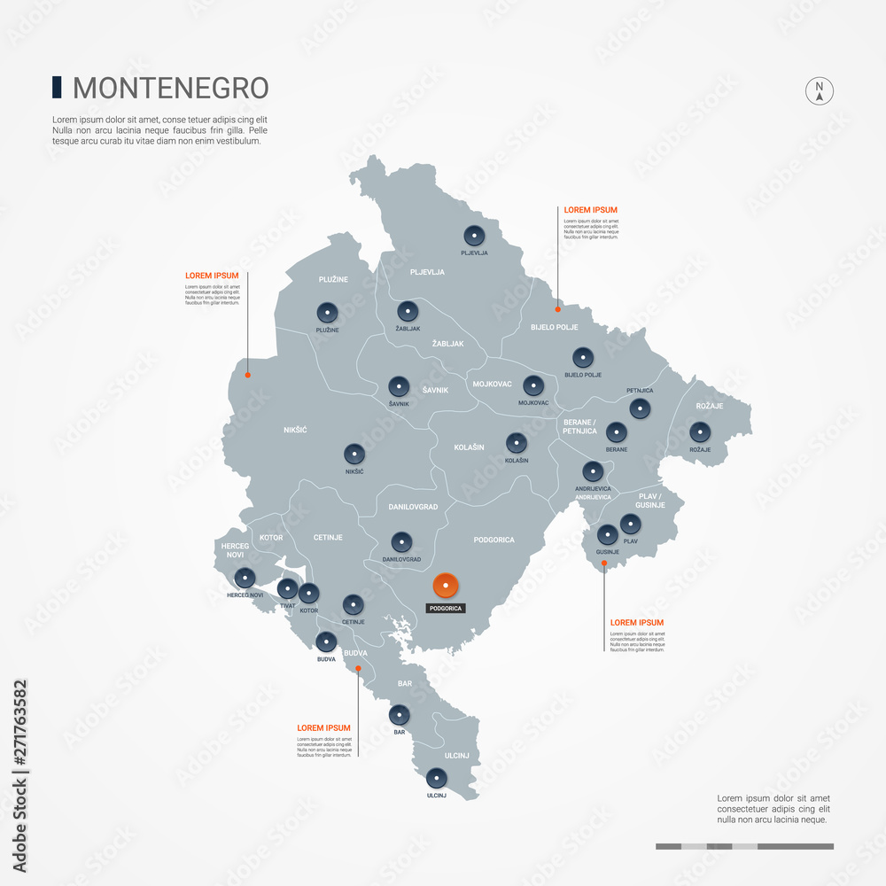 Montenegro map with borders, cities, capital and administrative ...