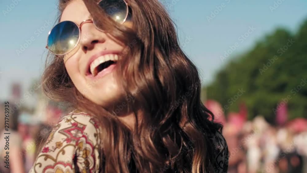 Joyful woman dancing at the music festival Stock Video | Adobe Stock
