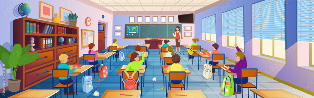 Cartoon classroom interior with view on blackboard, school desks with ...