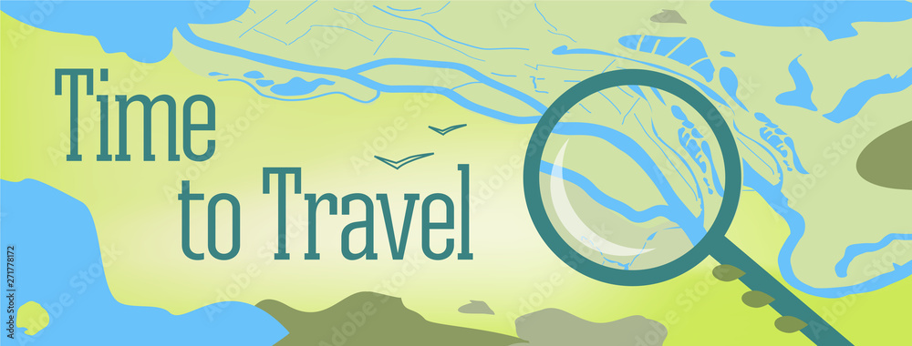 Vector banner with text Time to Travel. Illustration of a map of the ...