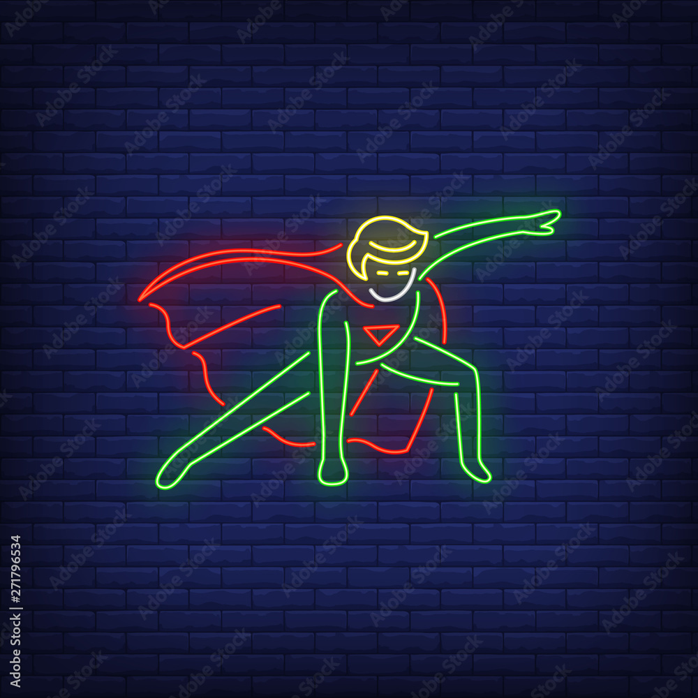 Superhero landing neon sign. Leadership, power, protector design. Night ...