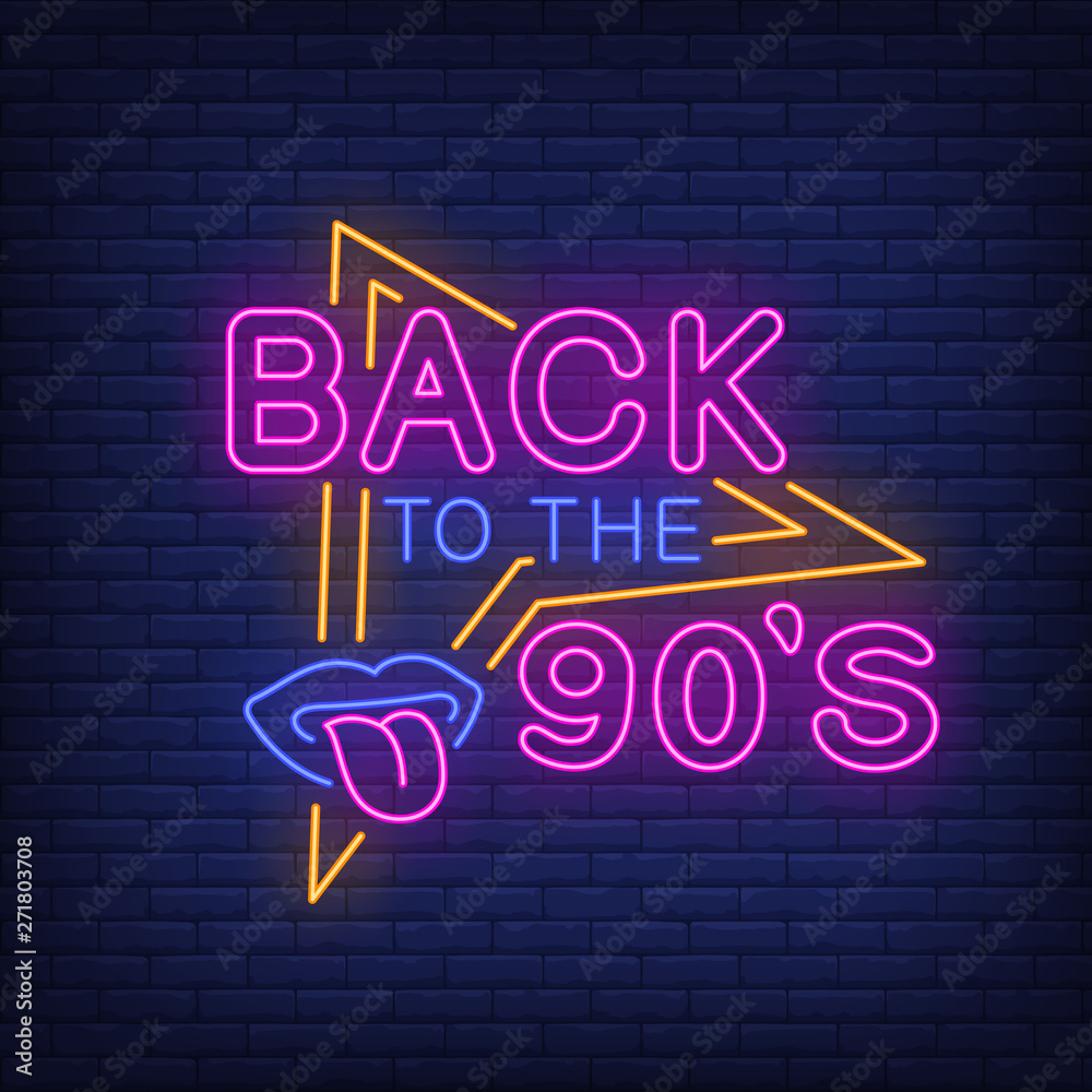 Back to nineties neon lettering with lips and tongue. Party and ...