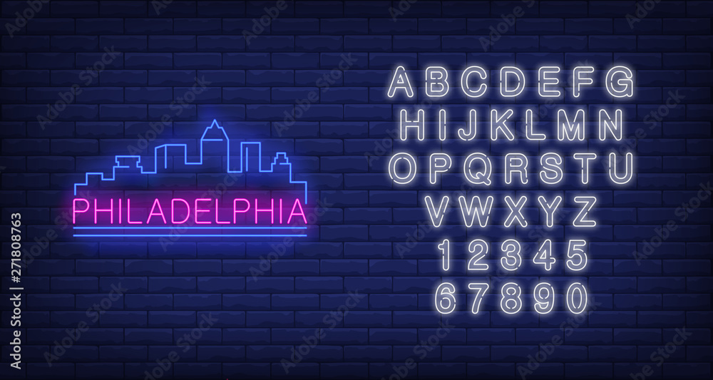 Philadelphia neon lettering and city buildings silhouette. Sightseeing ...