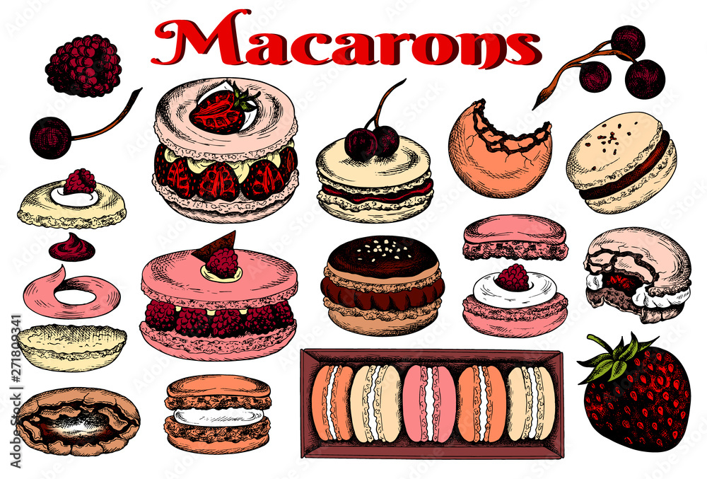 Vector illustration of sketch hand drawn set of macarons. French pastry ...