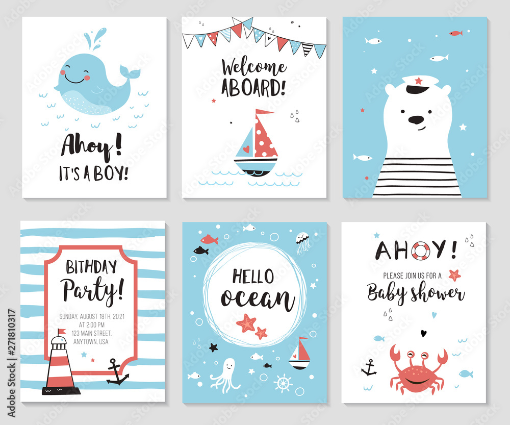 Nautical baby shower cards. Cute while, little bear and quotes. Marine ...