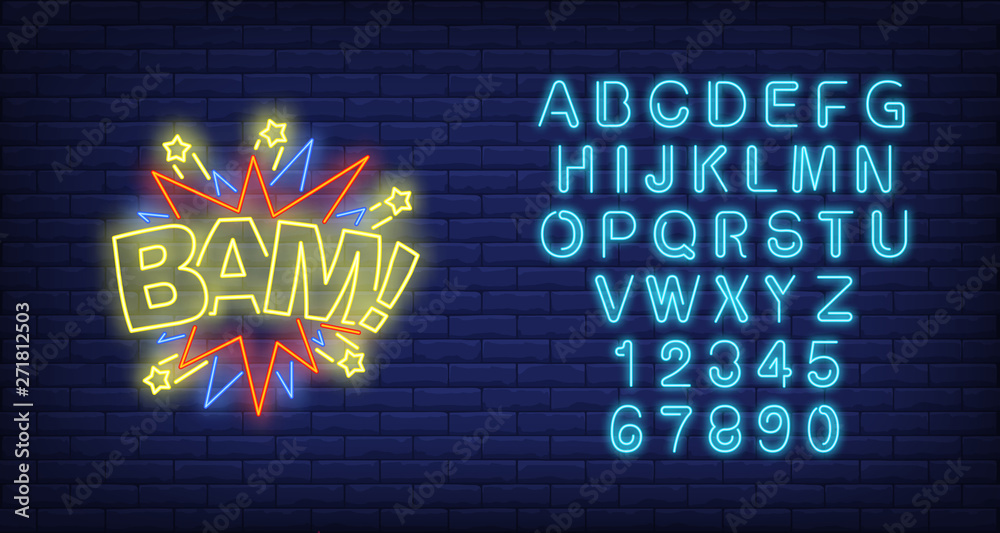 Bam lettering neon sign. Word with bang shapes and stars on brick wall ...