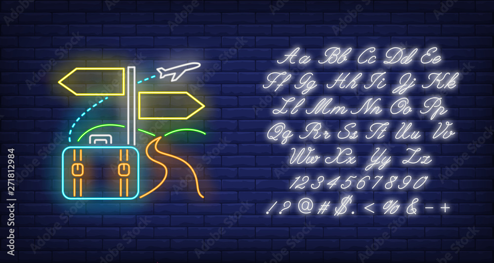 Suitcase, road signpost and airplane neon sign. Tourism, vacation ...