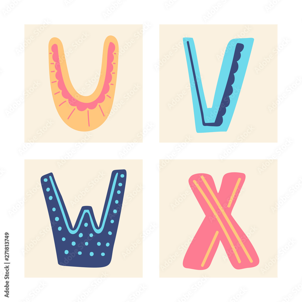Cute colorful alphabet with textural stroke. Hand letters Upper letterswith doodle patterns ...