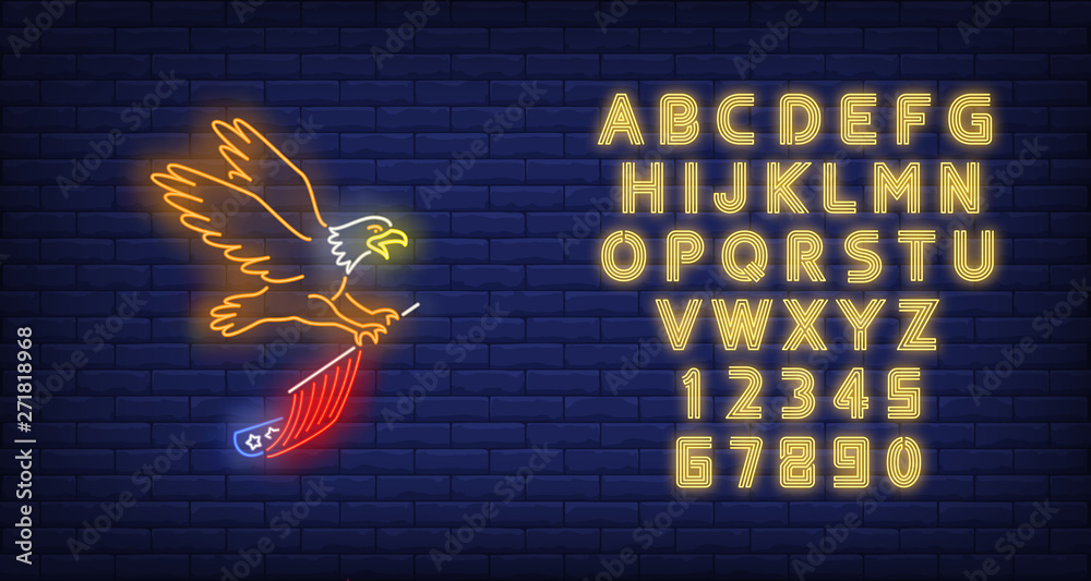 Eagle flying and carrying USA flag neon sign. USA symbol, history ...