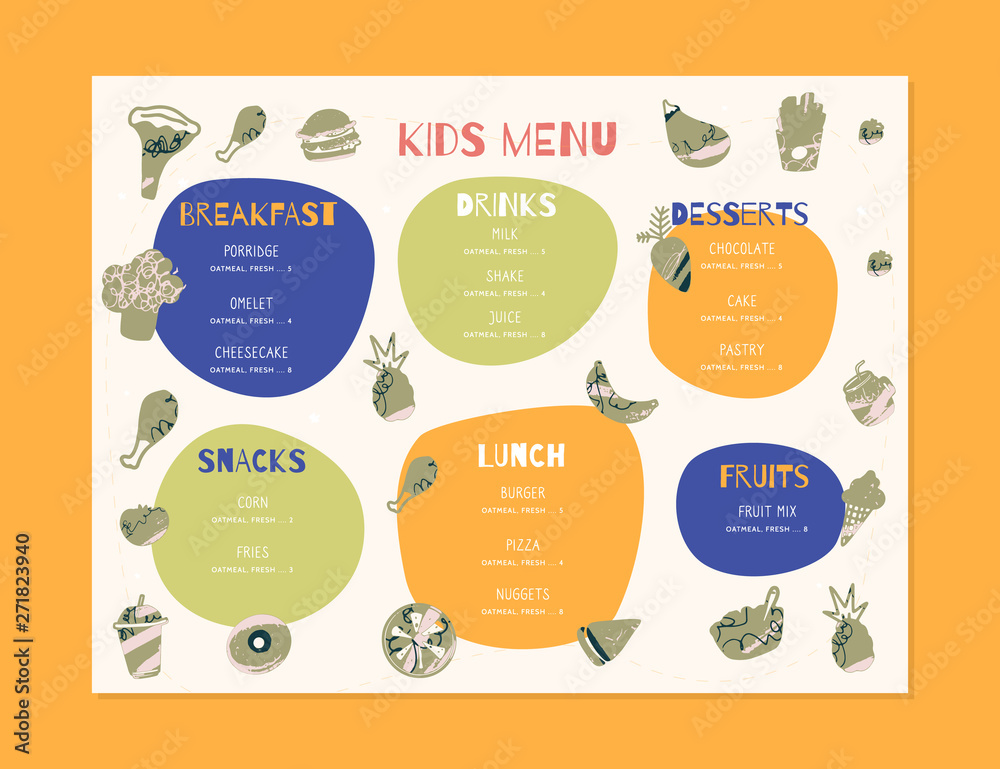 Modern doodle Kids menu, great design for any purposes. Healthy food ...