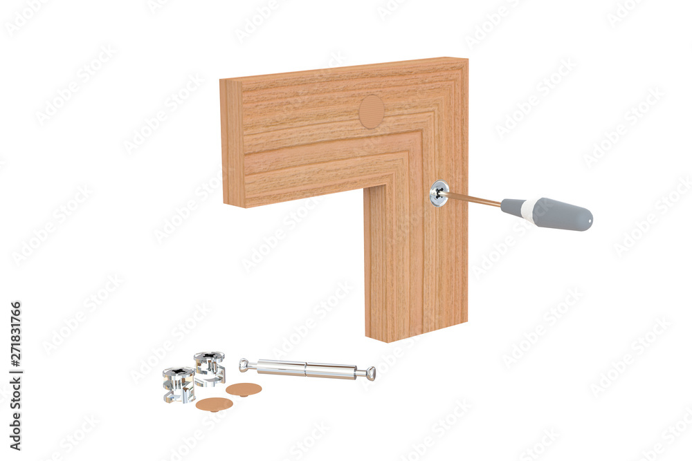 3D illustration. Furniture 45 degree connection with minifix bolt ...