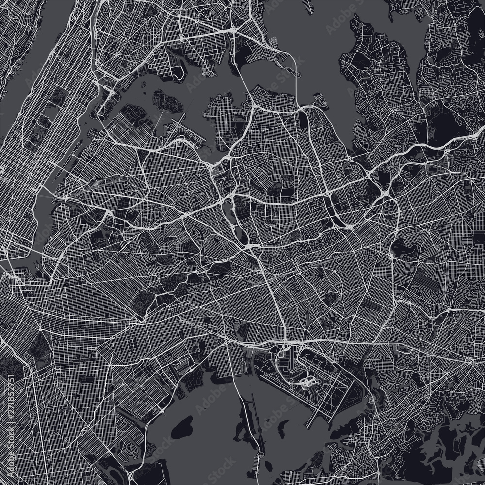 Queens map. Dark map of Queens borough (New York, United States ...