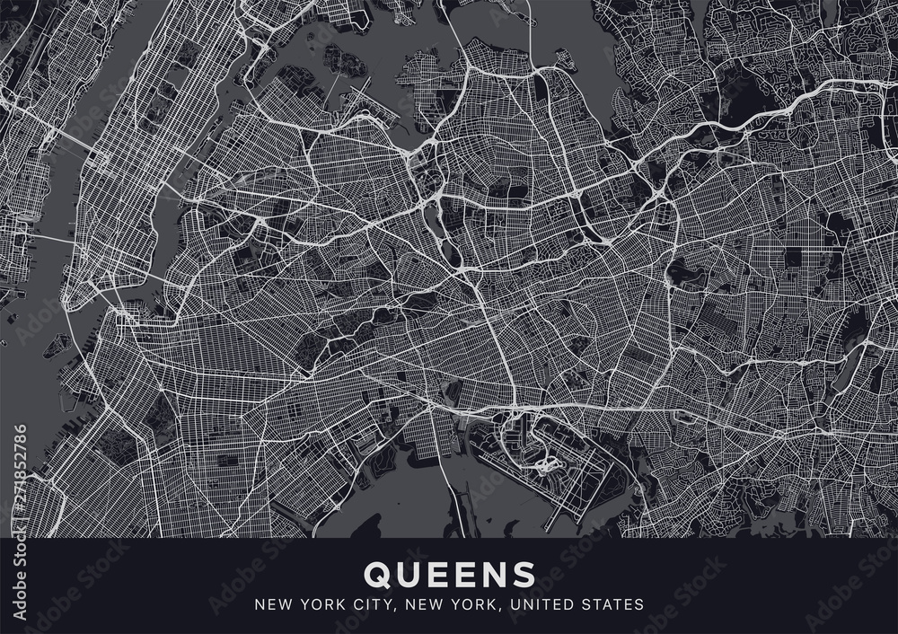 Queens map. Dark poster with map of Queens borough (New York, United ...