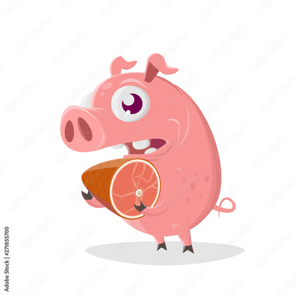 funny cartoon illustration of a pig holding a ham Stock Vector | Adobe ...