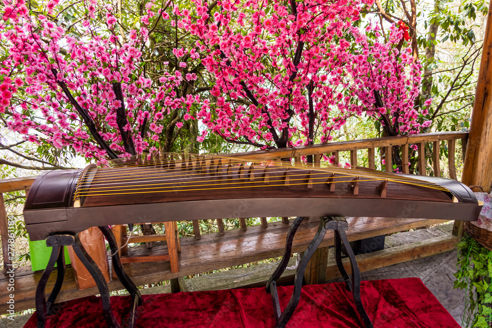 Guzheng instrument on the background of beautiful blossom flowers. It ...