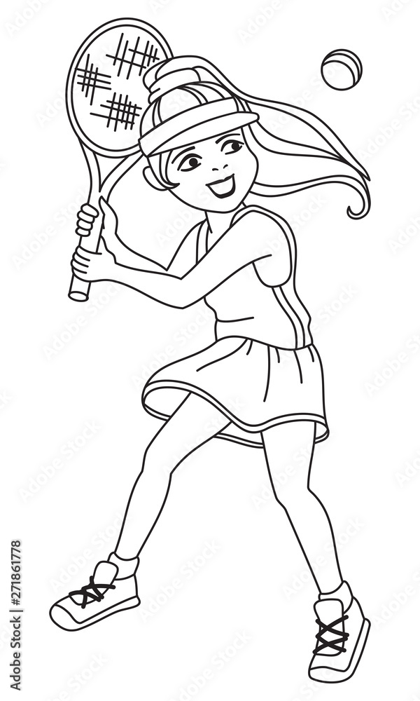Smiling little girl is playing tennis. Printable coloring page for kids ...