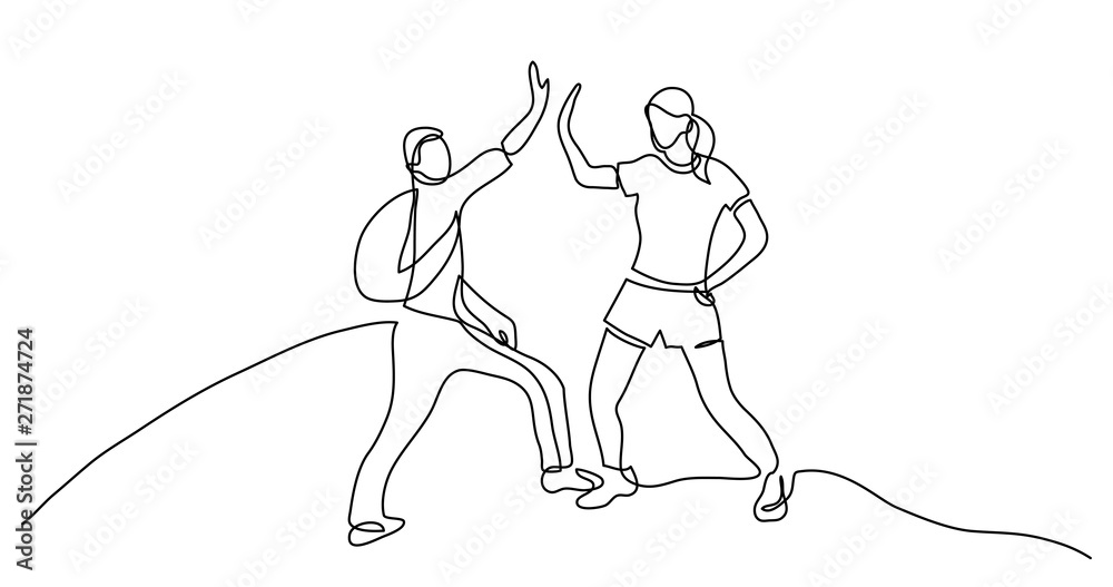 continuous line drawing of two cheerful young campers giving high five ...