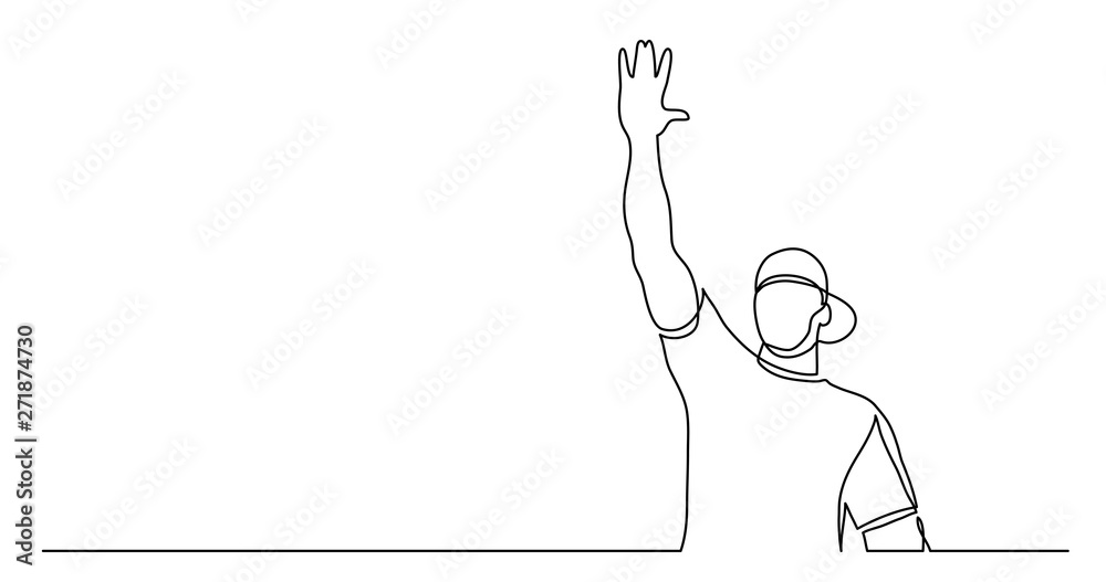 continuous line drawing of young healthy man in cap giving high five ...