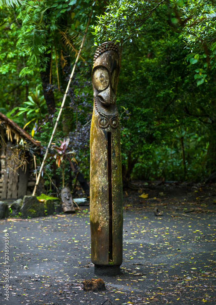 Slit gong drum in front of a nakamal in the jungle, Ambrym island, Olal ...