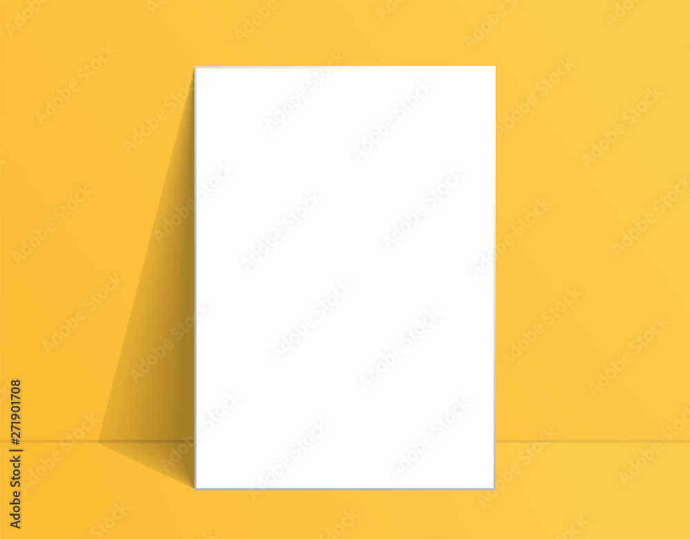 White poster mockup standing on the floor near yellow wall. Blank ...