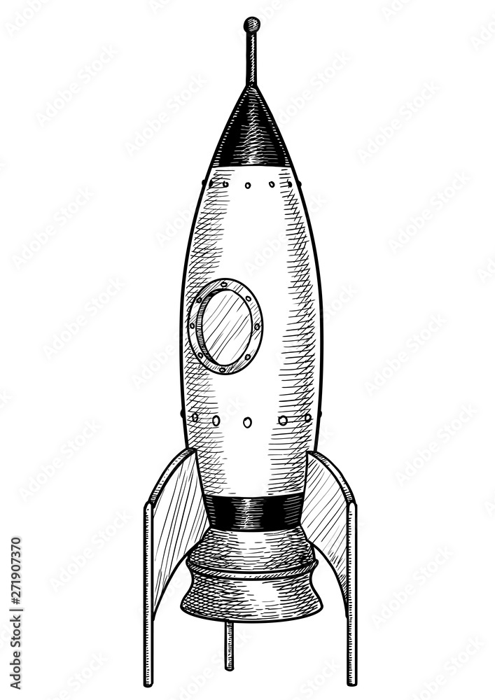 Toy rocket illustration, drawing, engraving, ink, line art, vector ...