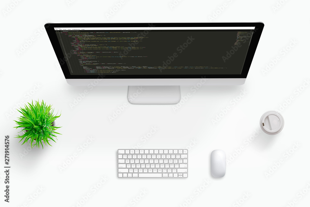 Foto de Top view scene of freelancer code developer work desk. Concept ...