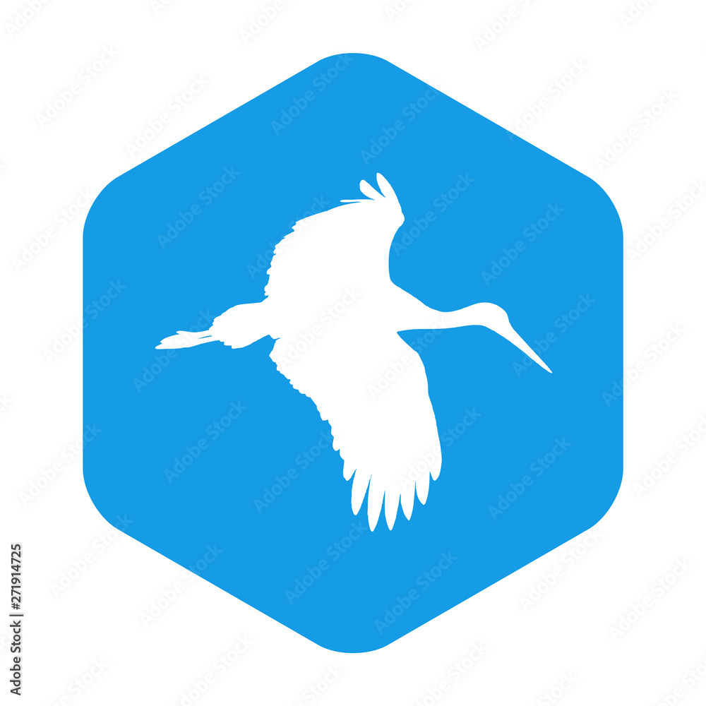 Icono plano silueta cigueña volando en hexágono color azul Stock ...