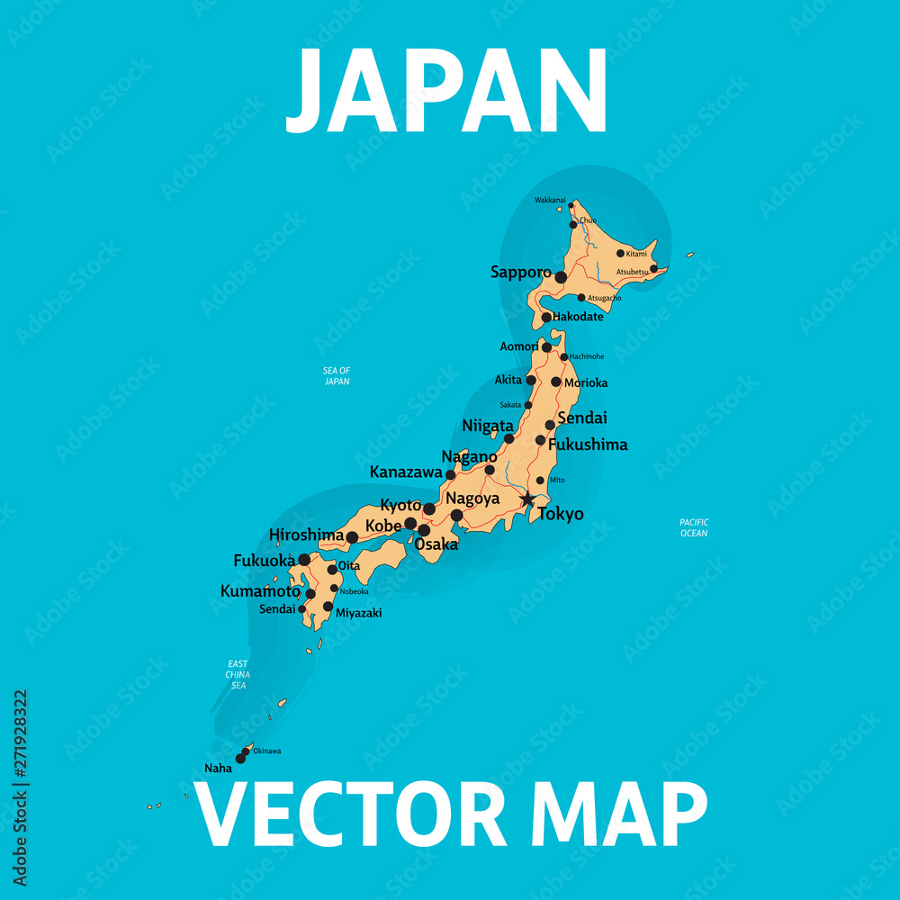 Vector map of Japan with cities and roads on separate layers Stock ...
