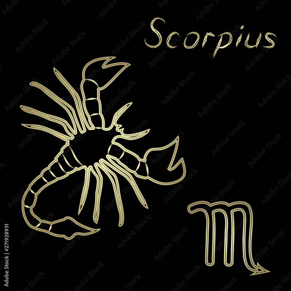 Scorpius zodiac sign vector illustration on black background. Golden ...