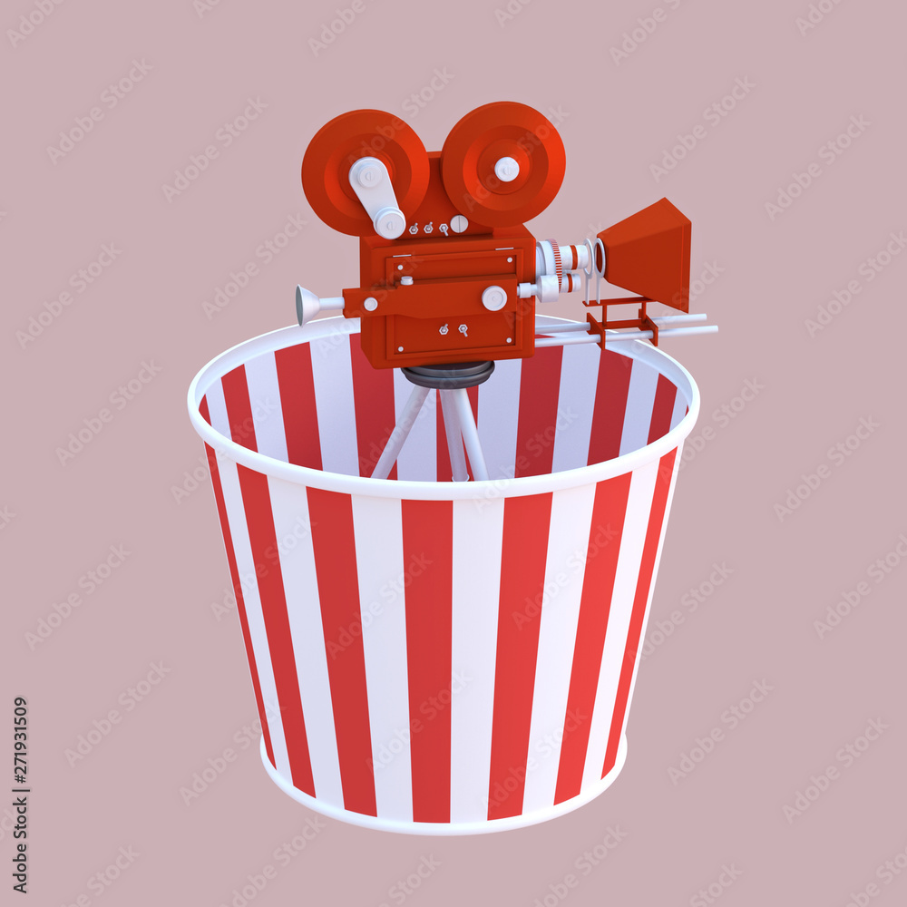 3D Illustration. Movie-cinema camera in empty popcorn box cartoon style ...