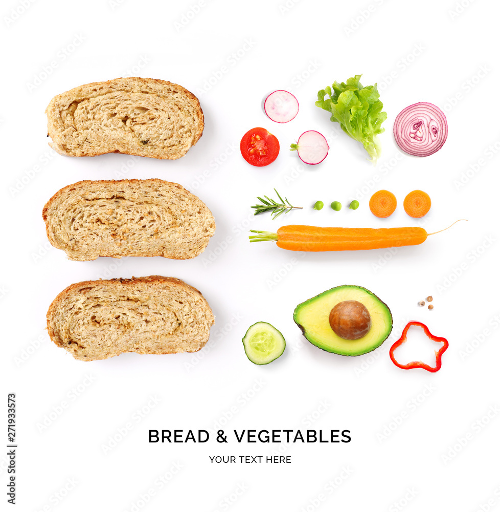 Creative layout made of bread and vegetables. Flat lay. Food concept ...