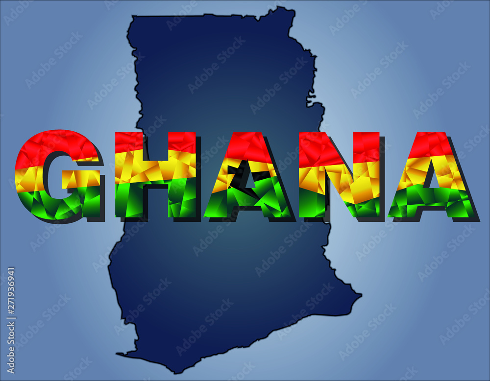 The contours of territory of Ghana and Ghana word in colours of the ...