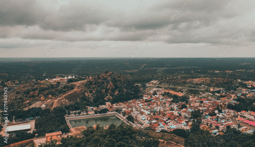 Panoramic view of Shravanabelagola town, Karnataka State, India. It is ...
