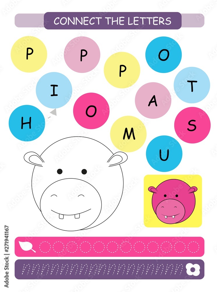 Connect the letters - Hippopotamus. Printable worksheet for preschool ...