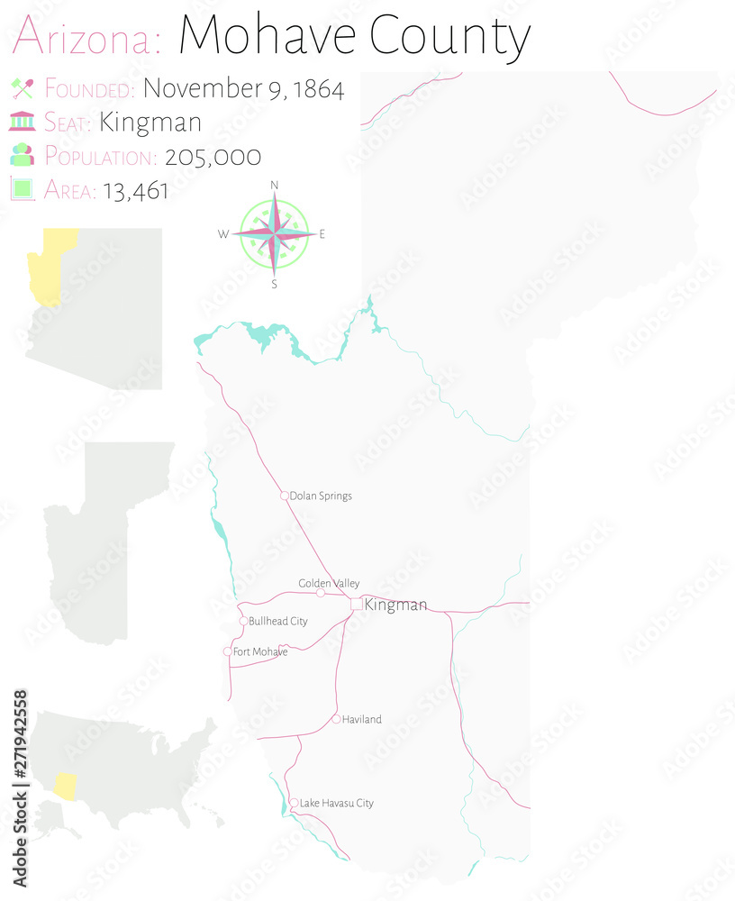 Large and detailed map of Mohave county in Arizona, USA Stock Vector ...