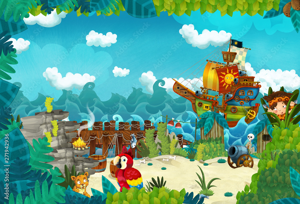 cartoon scene in the jungle near stream or river with nobody on the ...