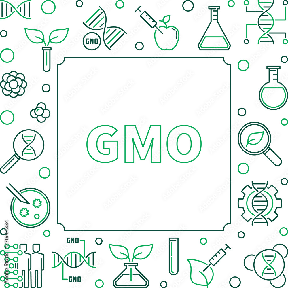 GMO square simple concept frame. Vector genetically modified organism illustration in thin line ...