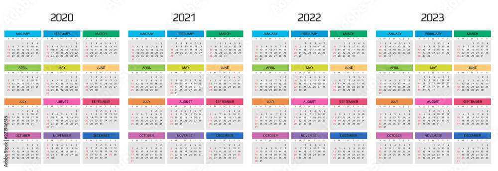 Calendar 2020, 2021, 2022, 2023 template. 12 Months. include holiday ...
